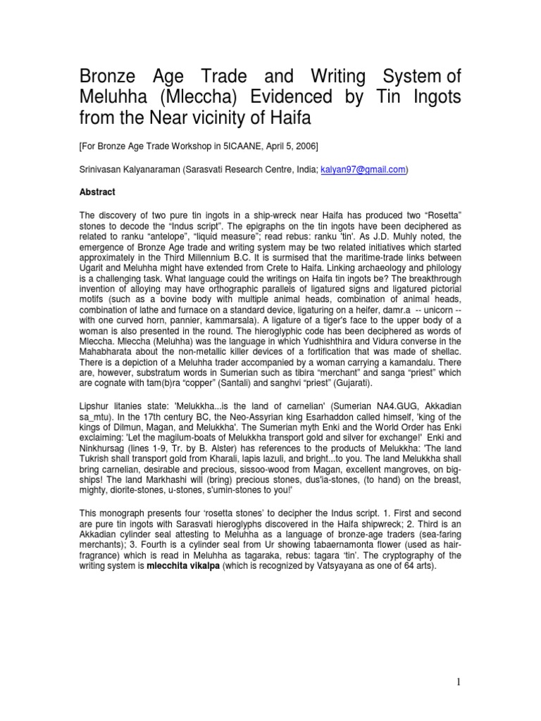 Bronze Age Trade and Writing System of Meluhha (Mleccha) Evidenced by ...
