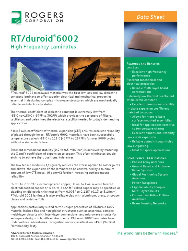 RT Duroid 6002 Laminate Data Sheet | PDF | Printed Circuit Board ...