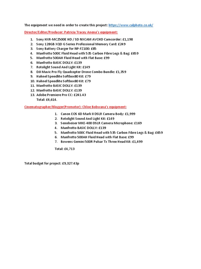 Director/Editor/Producer: Patricia Tracey Anena's Equipment | PDF