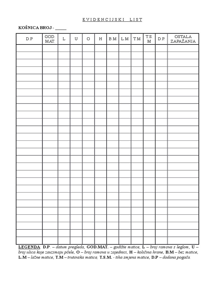 Pčelarski Evidencijski List | PDF
