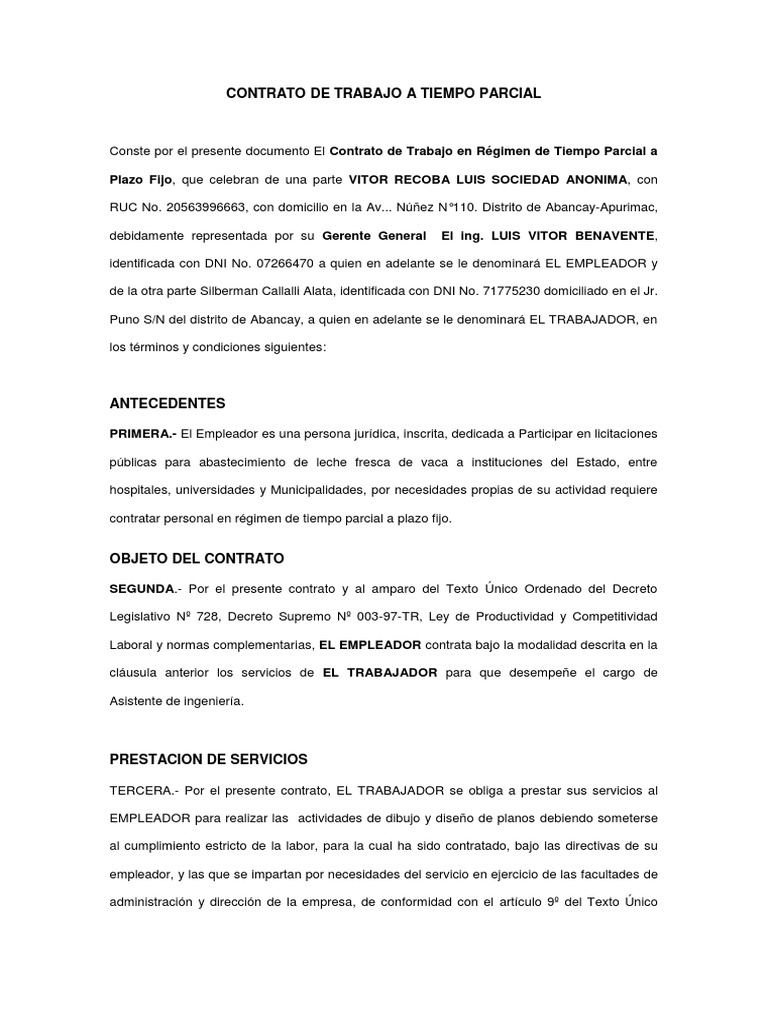 Modelo de Contrato de Trabajo A Tiempo Parcial | Descargar gratis PDF ...