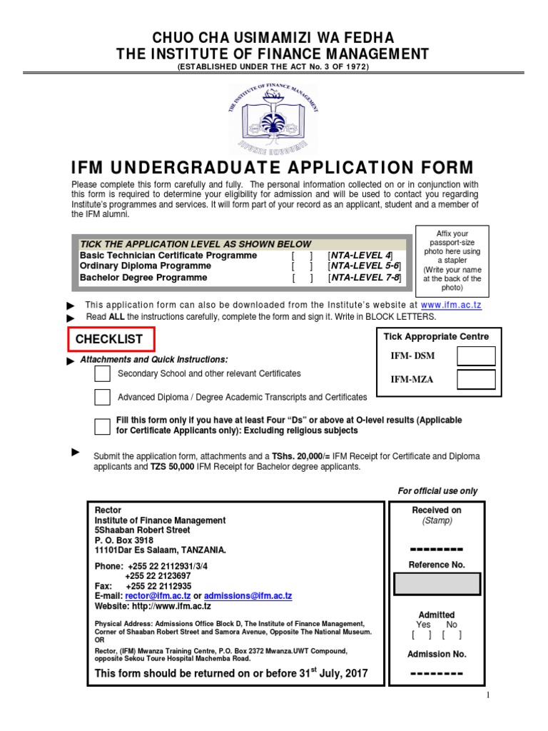 Ifm Undergraduate Form 2017 | PDF | Diploma | Bachelor's Degree
