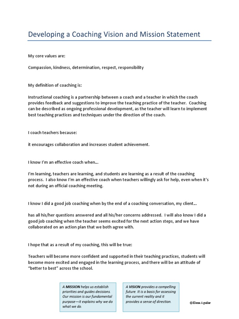 Coaching Vision and Mission Statement | PDF | Career & Growth | Wellness