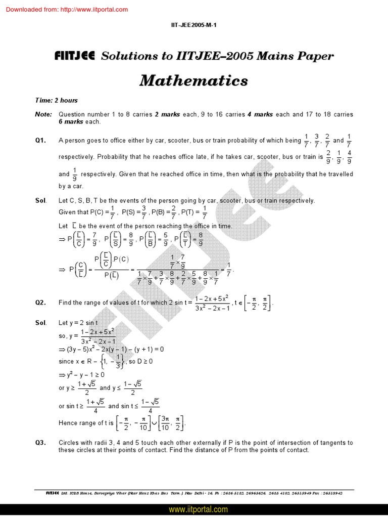 IIT-JEE 2005 Math Solutions | PDF | Maxima And Minima | Trigonometric Functions
