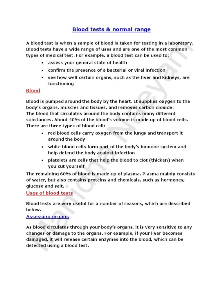 Blood Test and Normal Range | PDF | Blood Type | High Density Lipoprotein