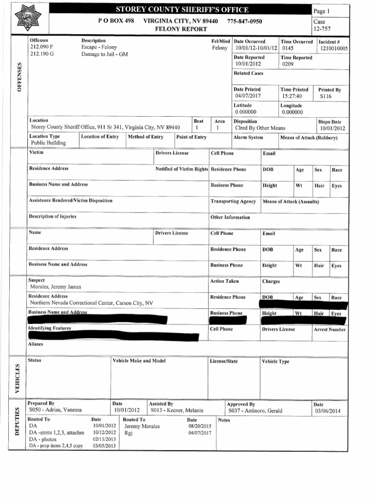 Storey County Sheriff Releases Report On 2012 Prisoner Escape | PDF ...
