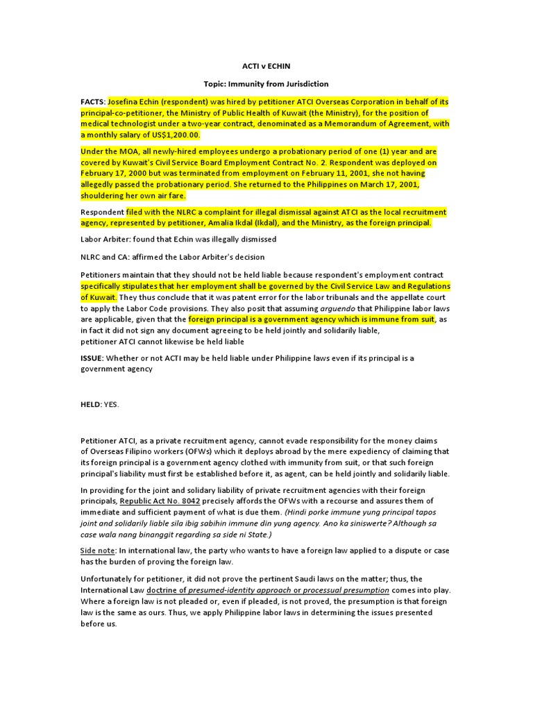 Acti V Echin Topic: Immunity From Jurisdiction FACTS: Josefina Echin ...