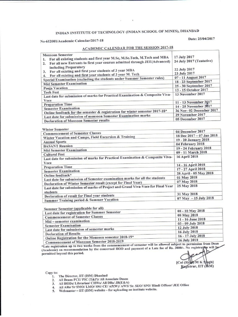 Academic Calendar of IIT (ISM) Dhanbad | PDF