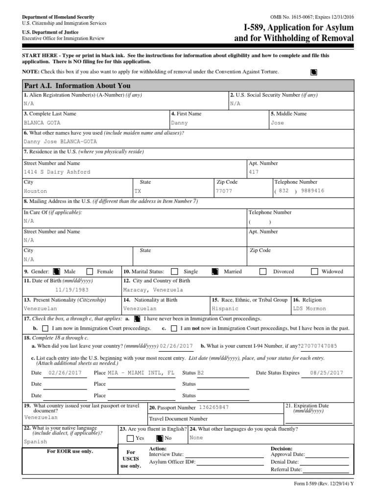 Application For Asylum and For Withholding of Removal | PDF | Asylum In ...