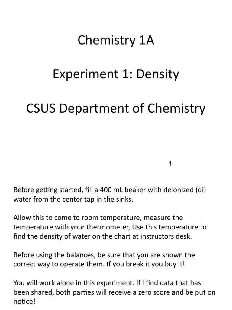 Chemistry 1A Experiment 1: Density CSUS Department of Chemistry | PDF ...