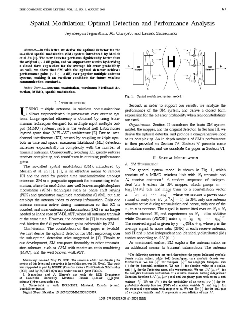 Spatial Modulation - Optimal Detection and Performance Analysis | PDF ...