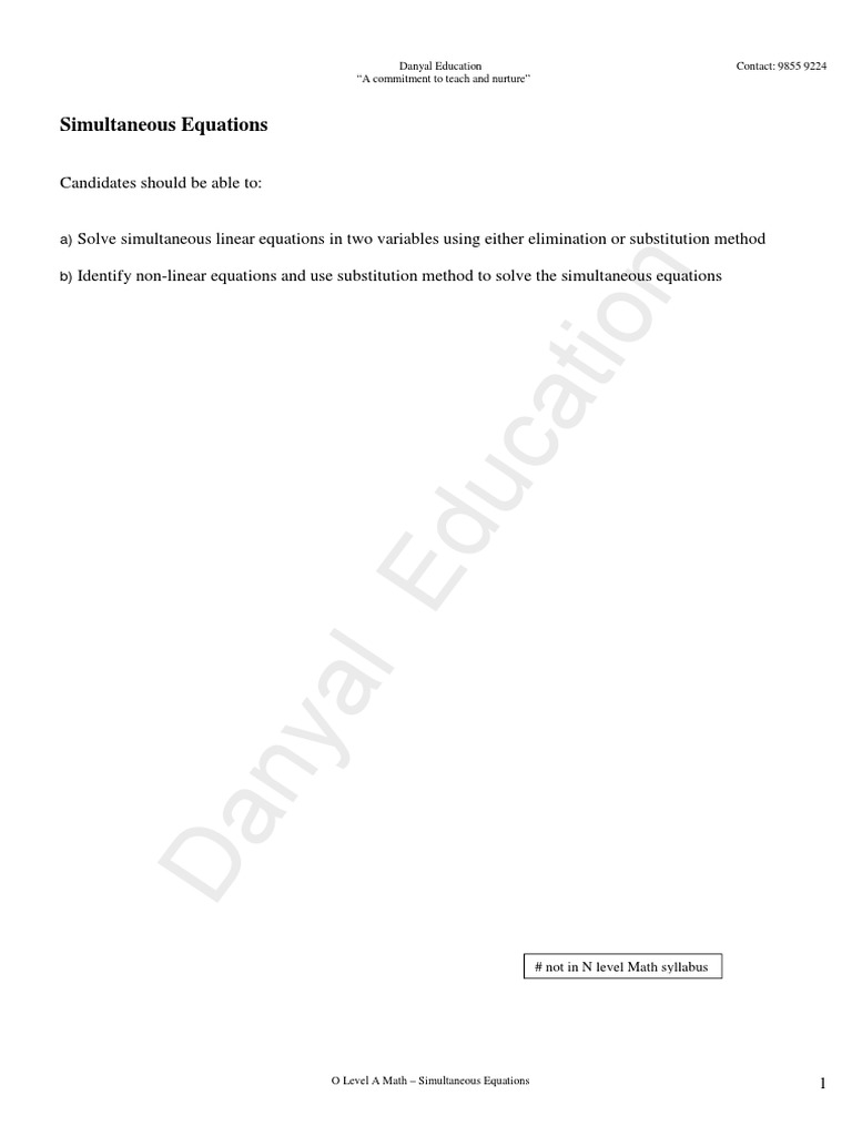 O LVL A Math 1 Simultaneous Equations Notes - Textmark | PDF ...