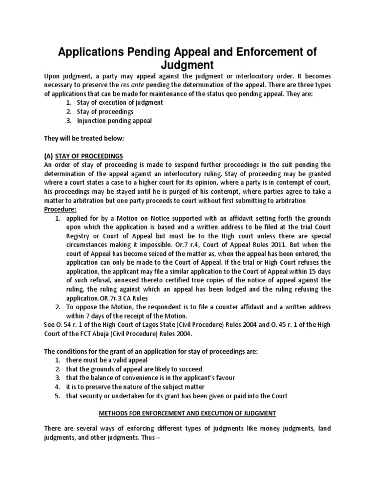 Applications for Stay and Enforcement of Judgments | PDF | Garnishment ...