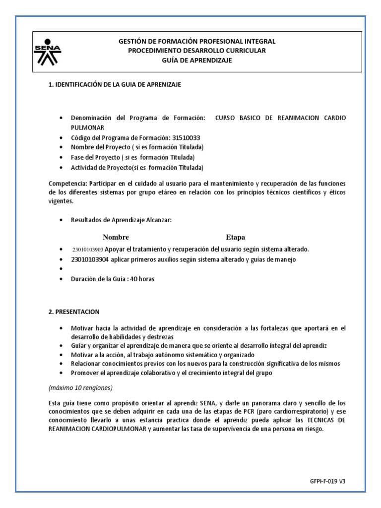 GFPI-F-019 Formato Guia de Aprendizaje RCP | PDF | Reanimación cardiopulmonar | Paro cardíaco