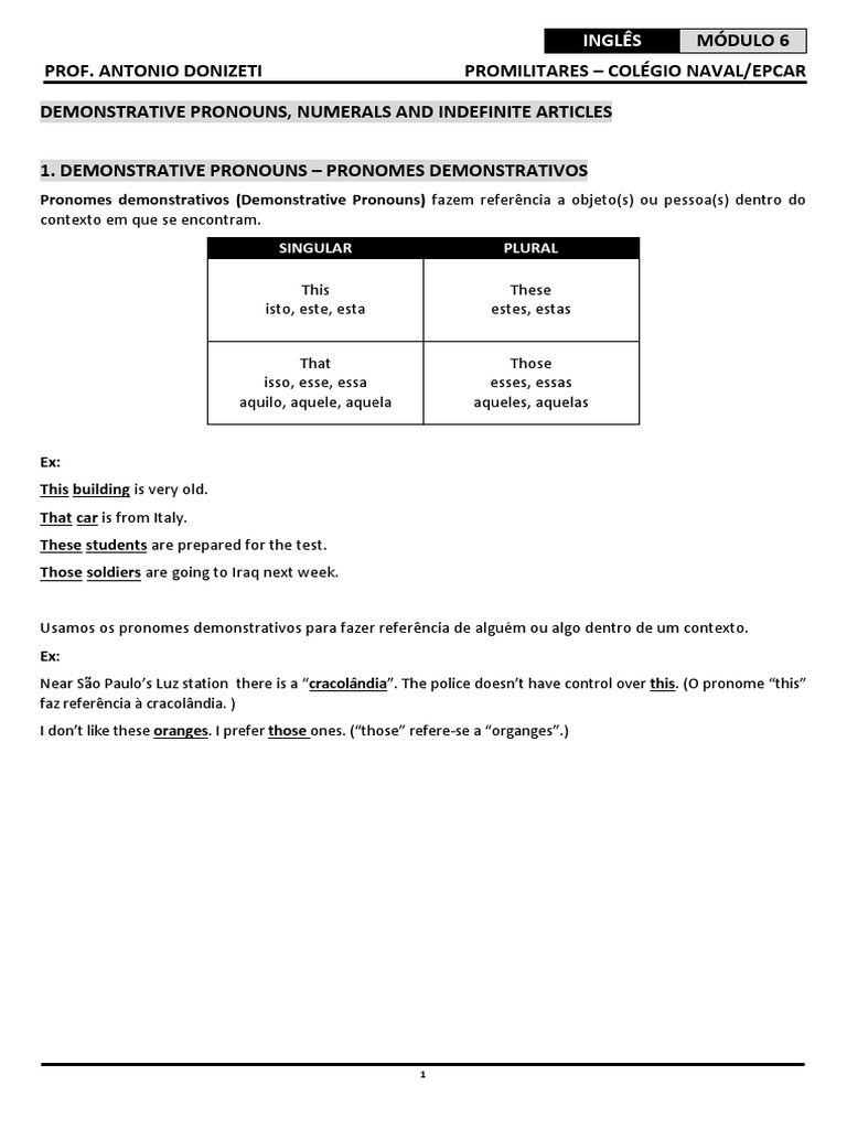 Demonstrative Pronouns, Numerals and Indefinite Articles | PDF