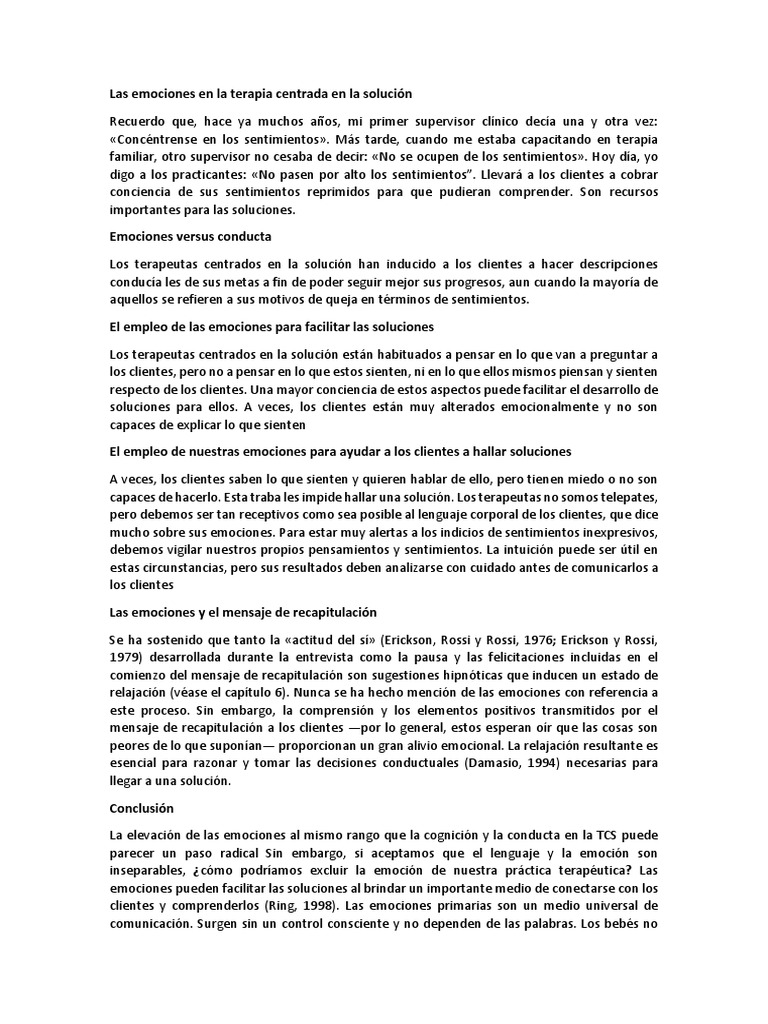 Las Emociones En La Terapia Centrada En La Solución Pdf Toma De