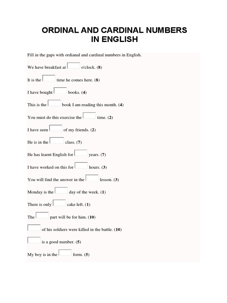 English Ordinal and Cardinal Numbers Exercise | PDF