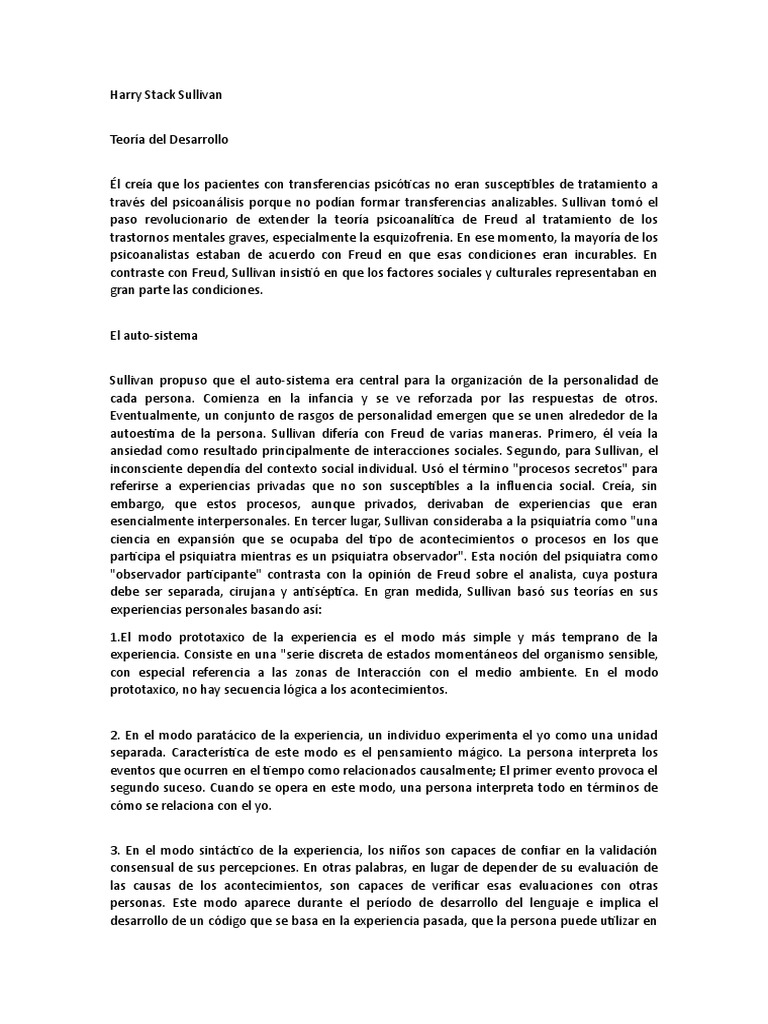 Harry Stack Sullivan Resumido | PDF | Psicoanálisis | Sigmund Freud
