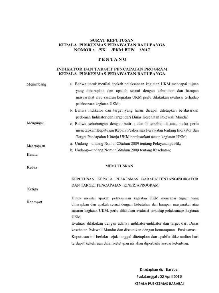 4 3 1 1 SK Kepala Puskesmas Tentang Indikator Dan Target Pencapaian ...
