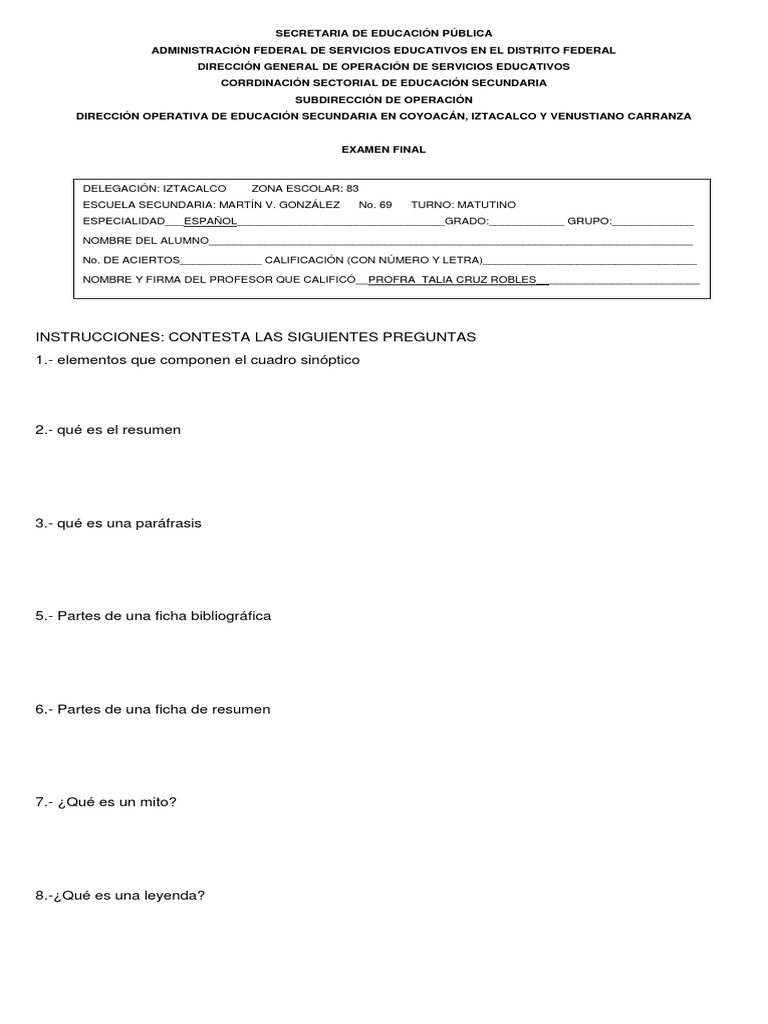 Examen Final Español | PDF | Educación Secundaria