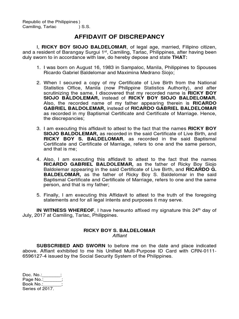 Affidavit of Discrepancy - Baldelomar (Name and Father's Name ...
