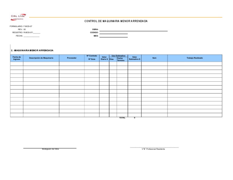 F-BOD-07 Planilla Control de Maquinaria Menor Arrendada | PDF
