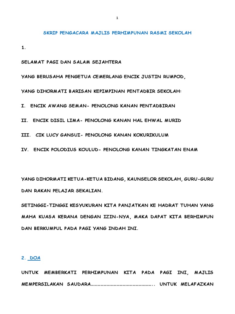 Skrip Pengacara Majlis Perhimpunan Rasmi Sekolah | PDF