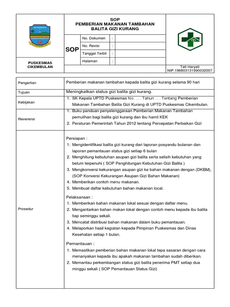 Contoh Sop Pemberian PMT | PDF