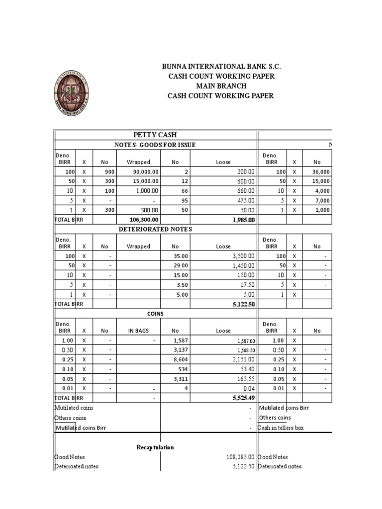 Bunna International Bank S.C. Cash Count Working Paper Main Branch Cash ...