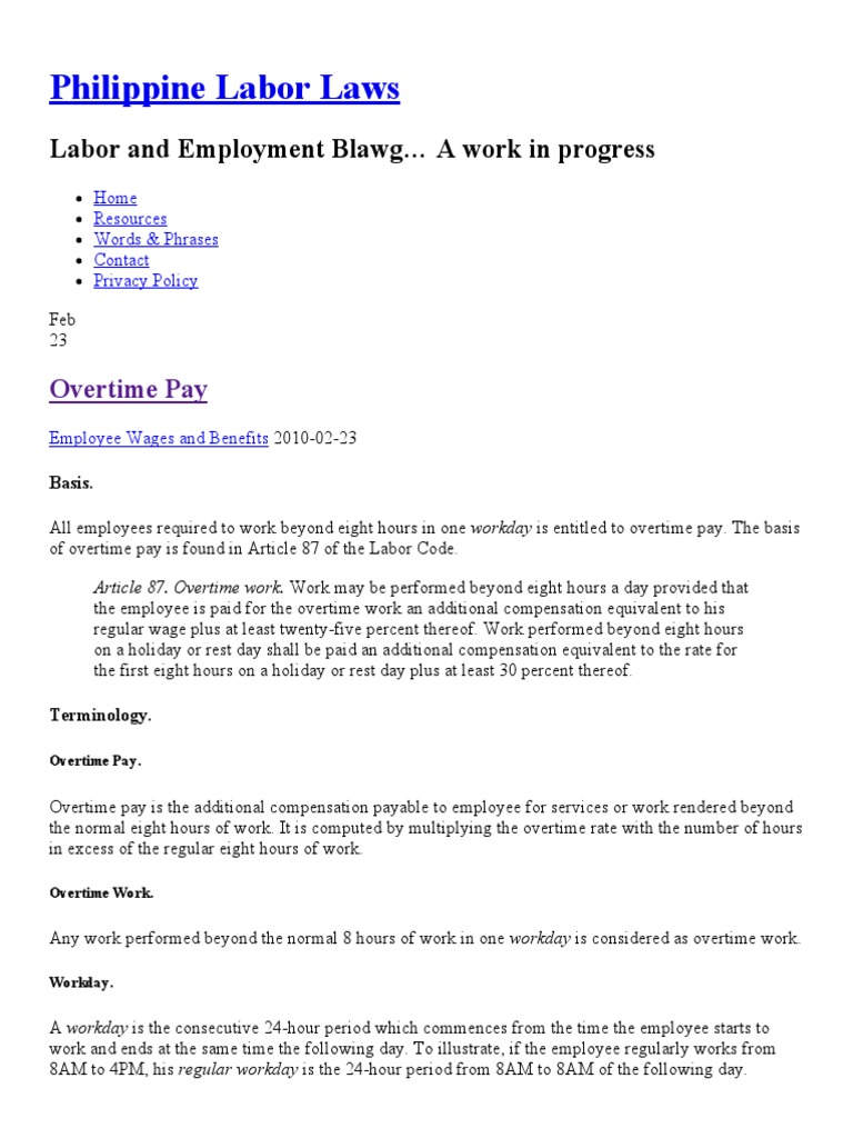 Overtime Pay - Philippine Labor Laws | PDF | Overtime | Working Time