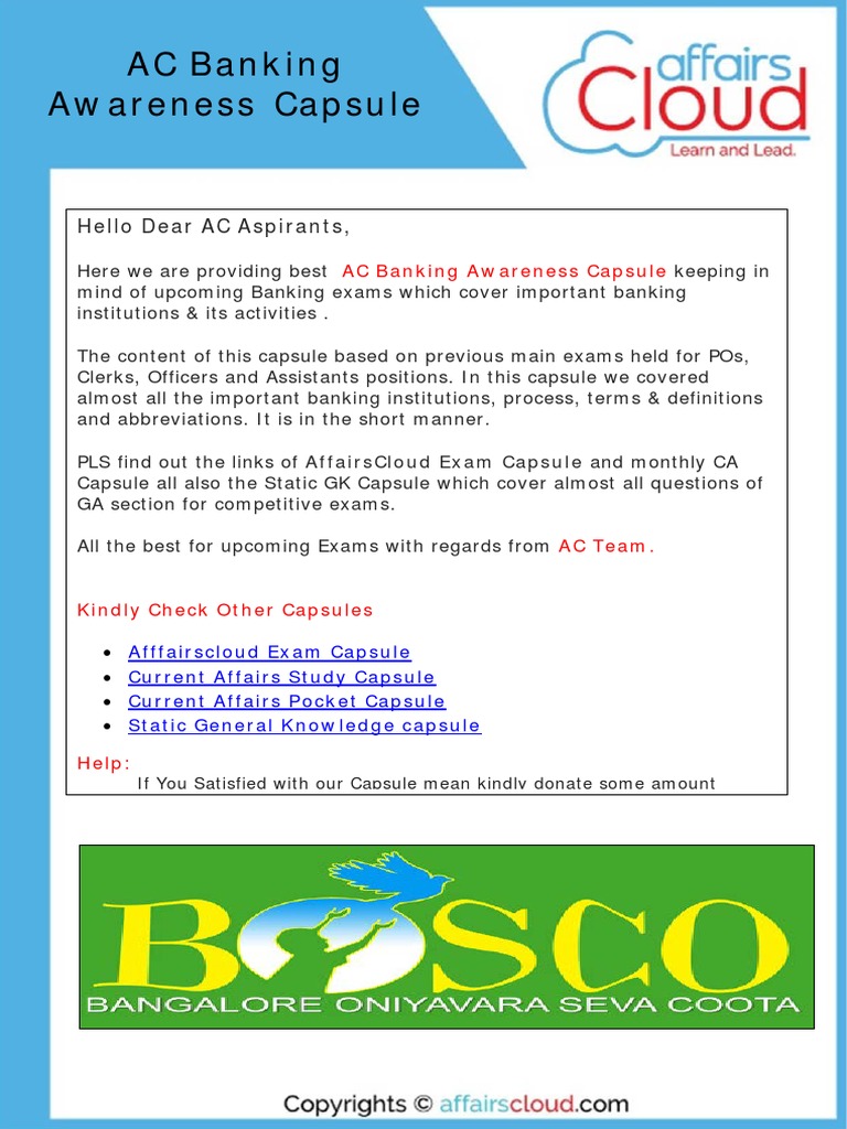 Banking Awareness Capsule 2017 by Affairscloud PDF | PDF | Reserve Bank ...
