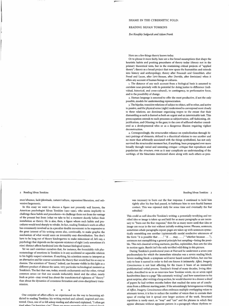 Eve Kosofsky Sedgwick Shame in The Cybernetic Fold Reading Silvan ...