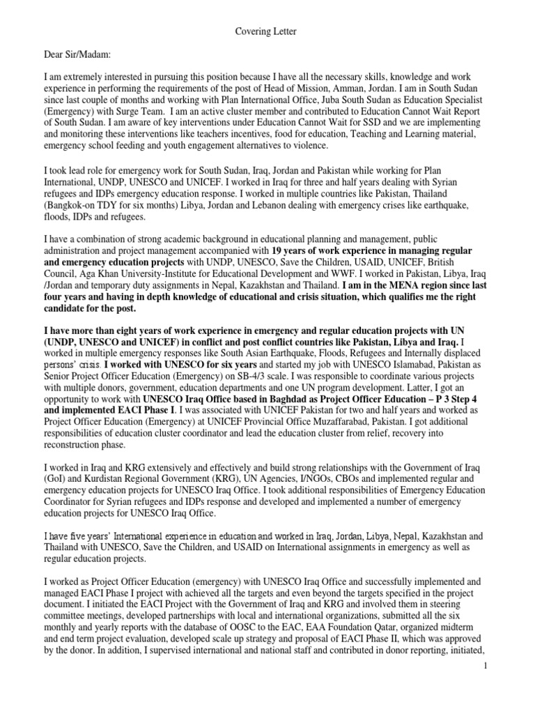 Cover Letter and CV Head of Mission, Amman, Jordan, Zulfiqar Ali | PDF ...