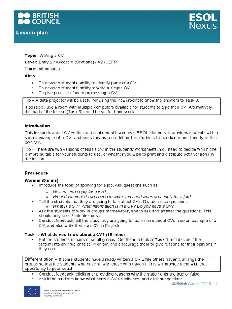 CV Writing (E2) LP | Download Free PDF | Lesson Plan | Cognition