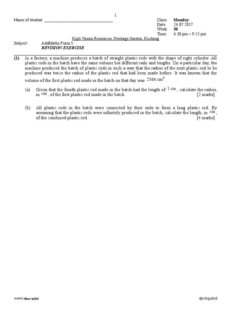 AddMaths SPM Revision Exercise | PDF | Volume | Geometry