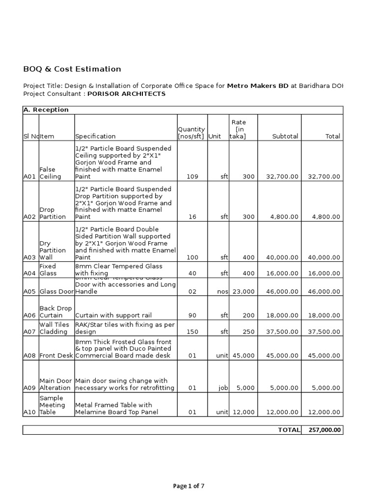 BOQ & Cost Estimation: A. Reception | PDF | Vitreous Enamel | Wall