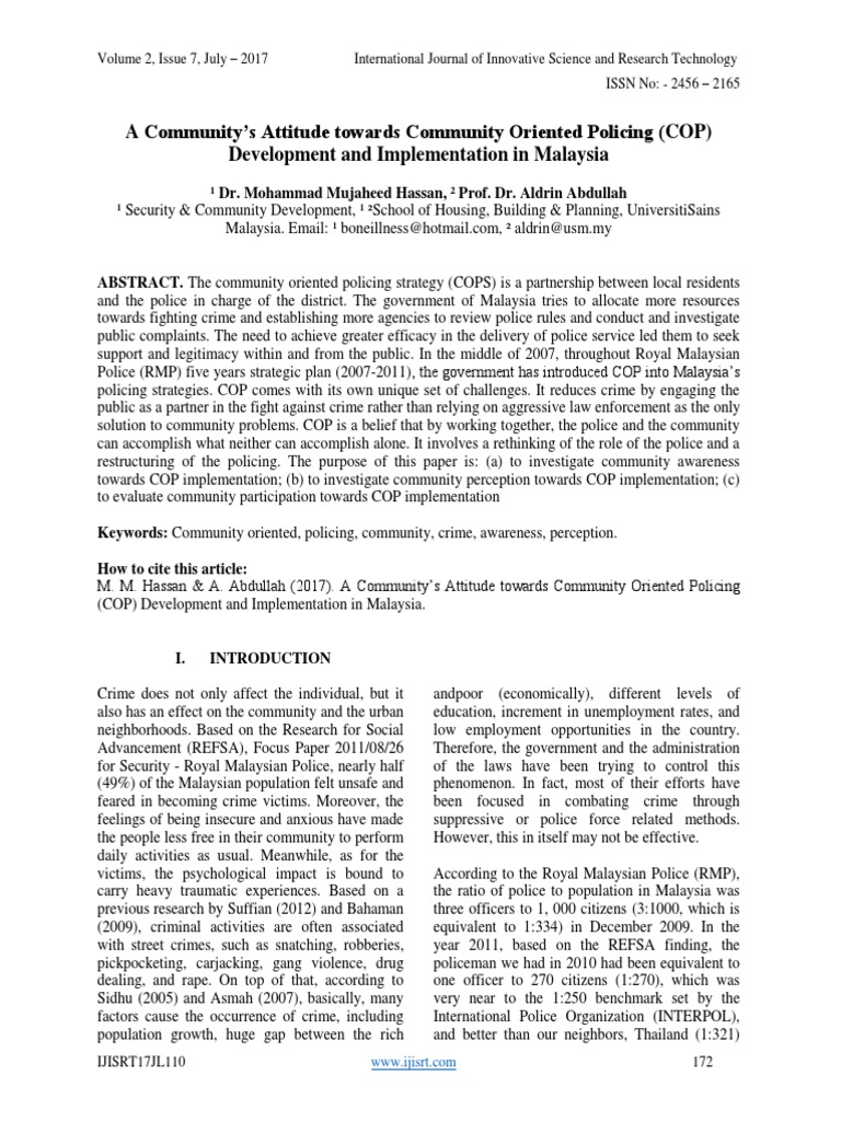 A Communitys Attitude Towards Community Oriented Policing Cop Development And Implementation