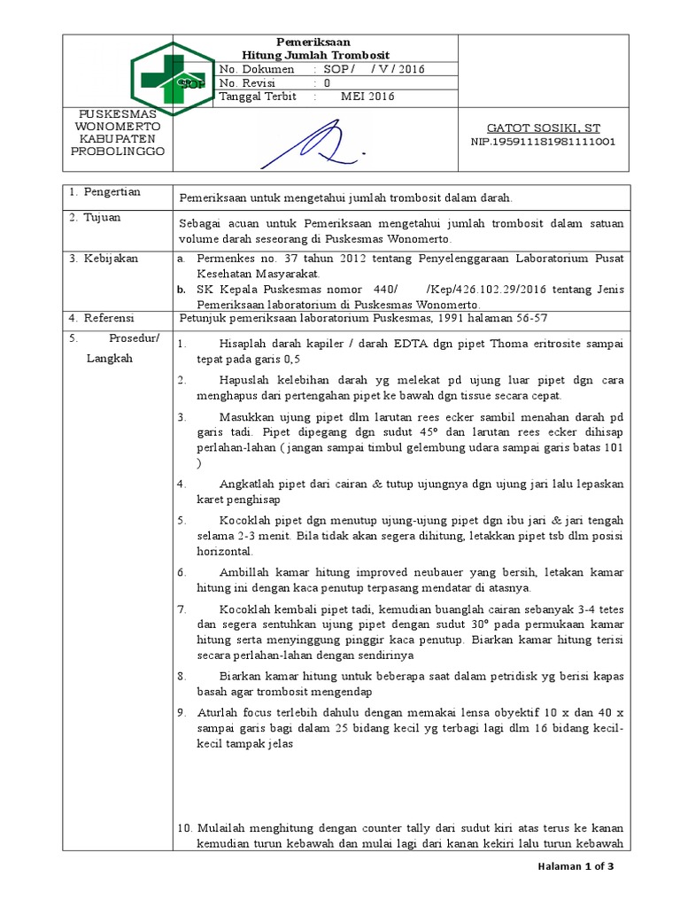 Sop Pemeriksaan Jumlah Trombosit | PDF