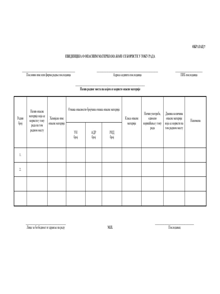 Obrazac 7 - Evidencija o Opasnim Materijama Koje Se Koriste U Toku Rada ...