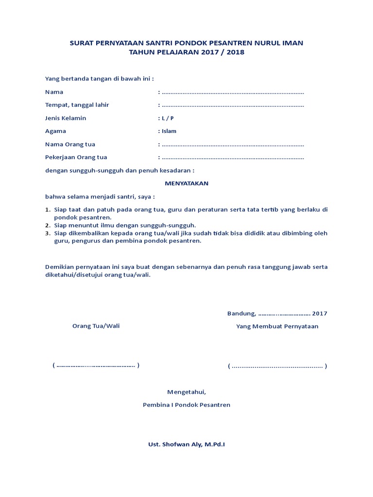 Surat Pernyataan Santri Pondok Pesantren | PDF