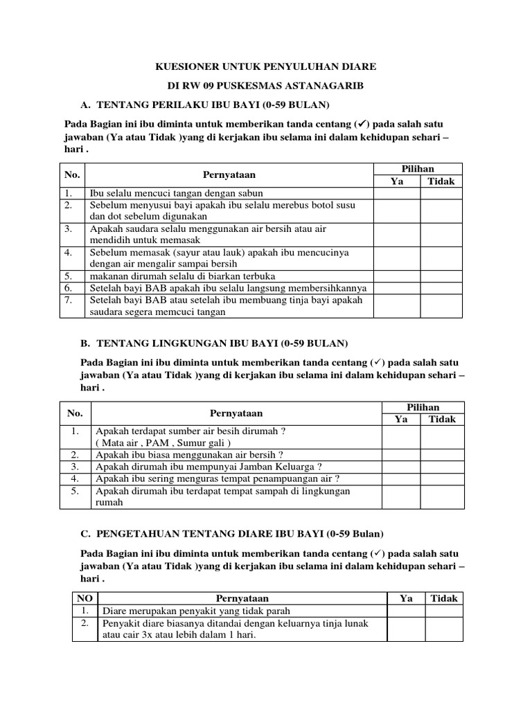 Kuesioner Untuk Penyuluhan Diare Puskesmas | PDF | Pengembangan Diri | Kesehatan Holistik