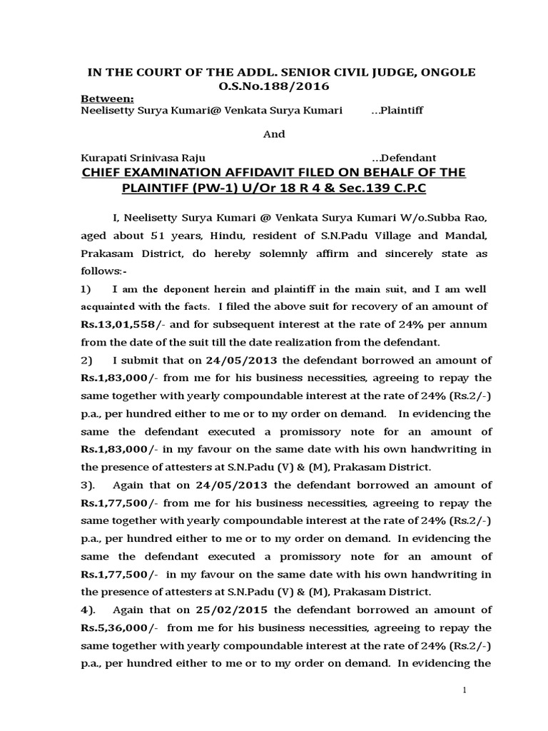 Chief Affidavit PW 1 O.S.188 2016 | Promissory Note | Lawsuit