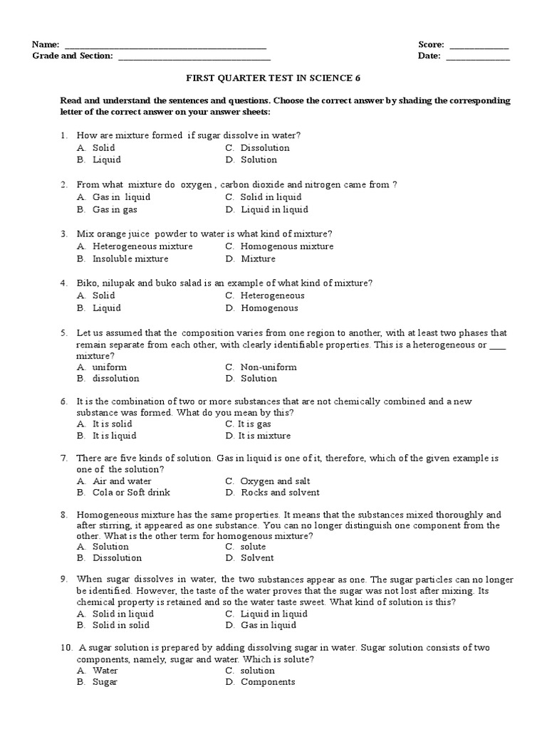 1st Quarter Test in Science 6 With Tos and Key To Correction | PDF ...