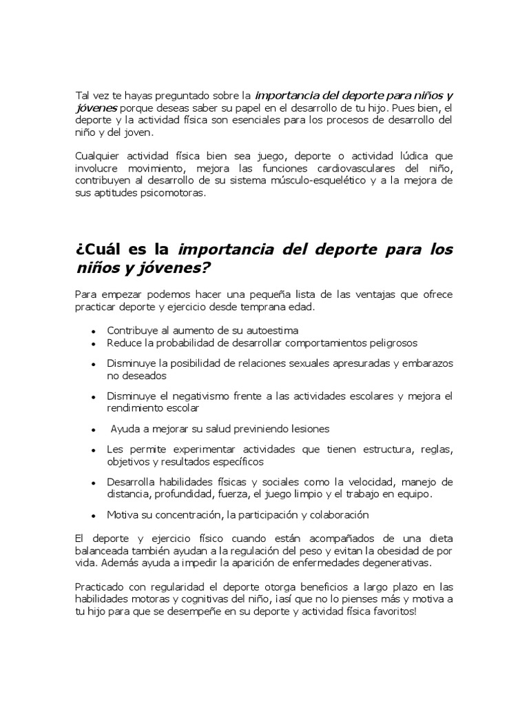 La Importancia Del Deporte para Los Niños | PDF | Crecimiento personal ...