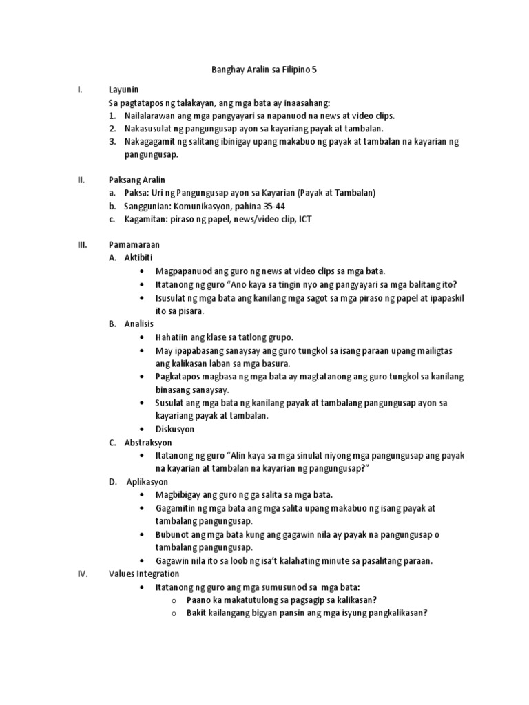 Banghay Aralin Sa Filipino 5 | PDF