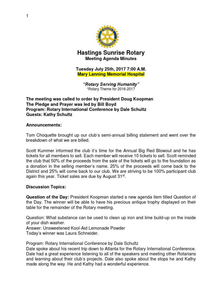 Rotary Meeting Minutes Tuesday July 25th | PDF
