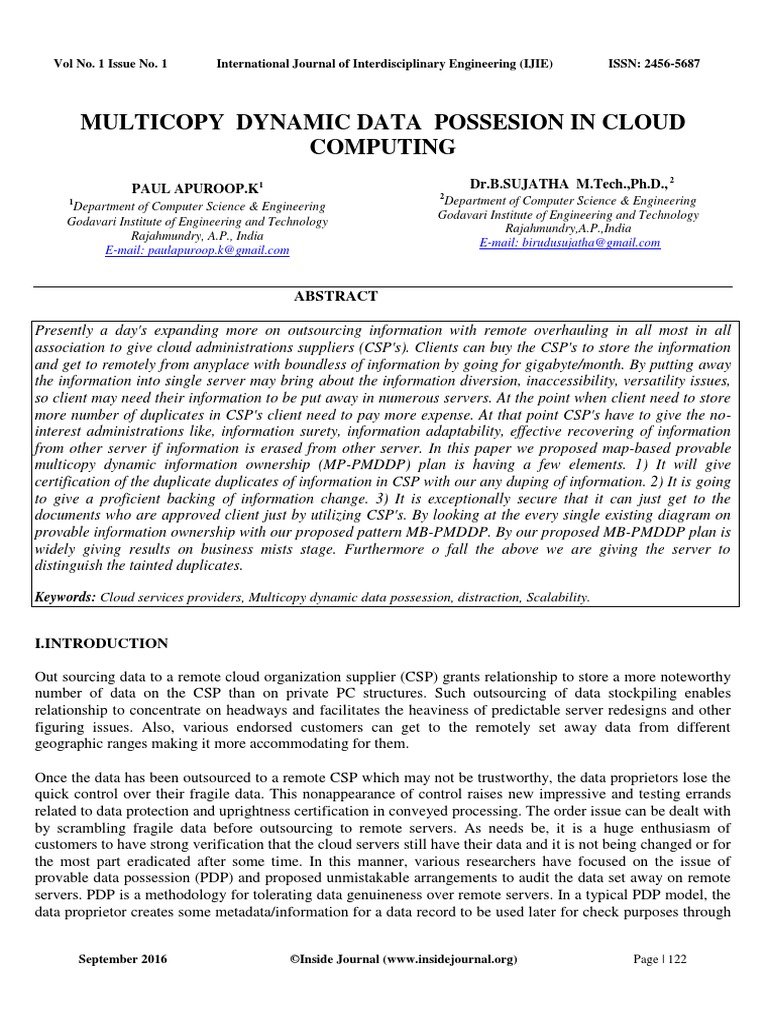 Multicopy Dynamic Data Possesion in Cloud Computing: Paul Apuroop.K Dr.B.SUJATHA M.Tech.,Ph.D ...