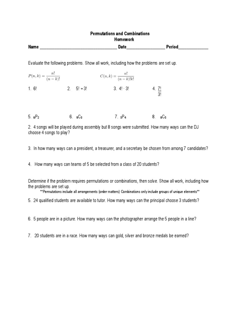 Permutation Combination Homework | PDF