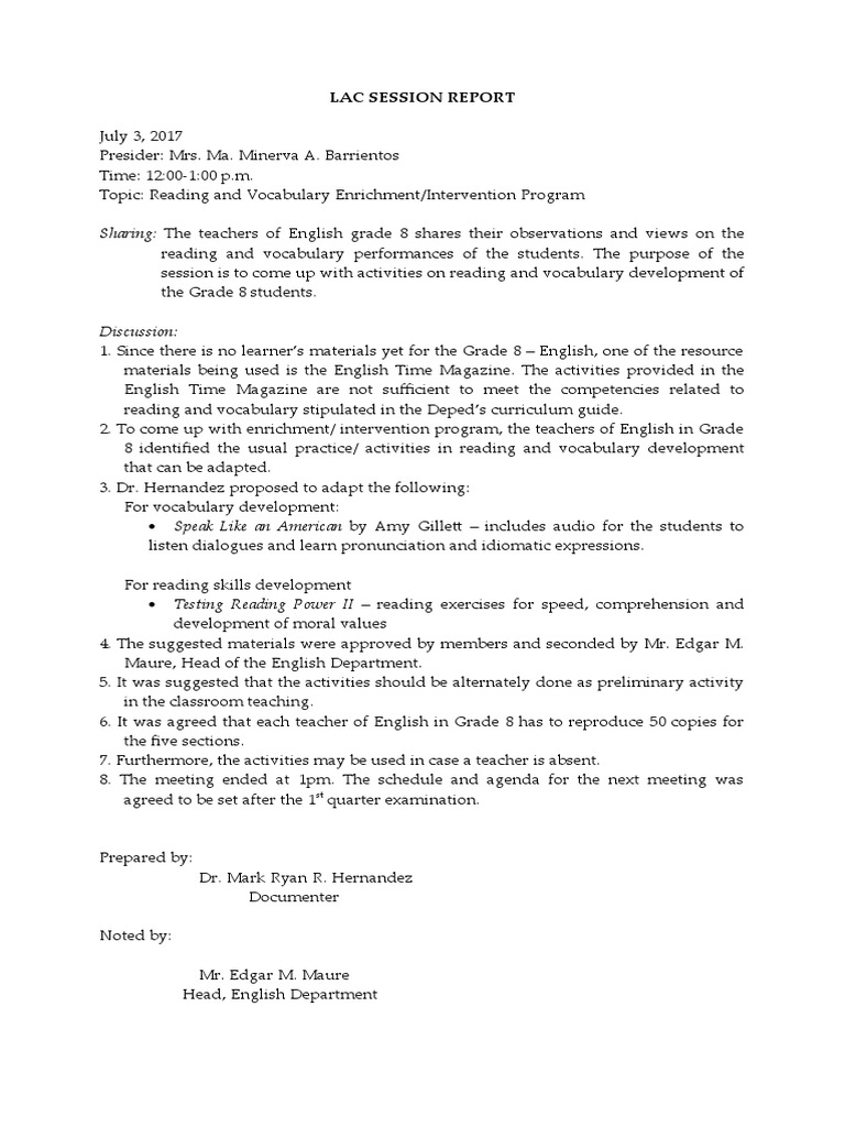 Lac Session Report | PDF | Career & Growth | Language Arts & Discipline