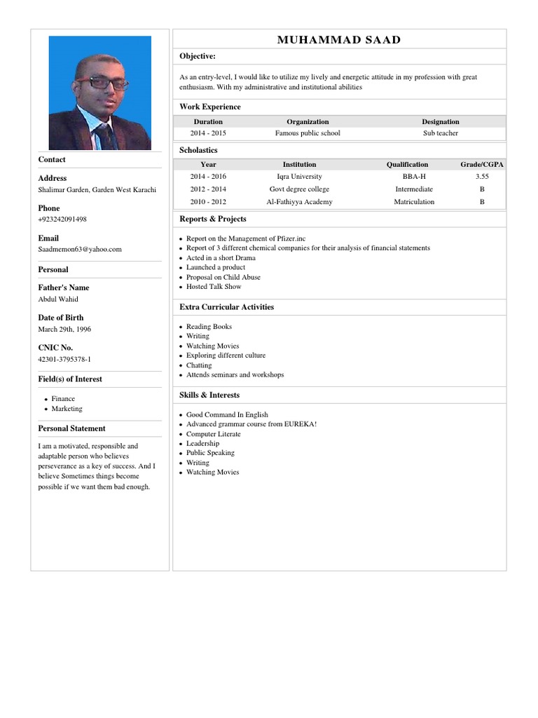 Muhammad Saad CV | PDF | Cognition | Schools